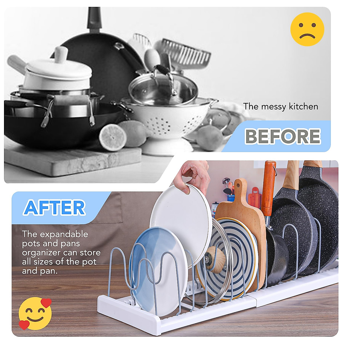 LALOBLUE Expandable Pot and Pan Organizer Rack for Cabinet, Pan and Pot Lid Holders with 10 Adjustable Dividers for Kitchen Cabinet Organization and Storage, Cookware Organizer, 12.9"-24.7", White