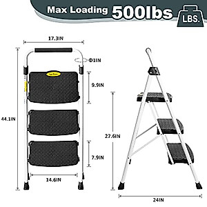 SocTone 3 Step Ladder, Folding Step Stool for Adults with Handle, Lightweight, Perfect for Kitchen& Household, 500lbs Capacity Sturdy Steel Ladder White