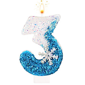 Frozen Birthday Candles 0-9, Snowflake Glitter Number Candles White and Blue Cake Decorations for Kids Adults Birthday Wedding Anniversary Party Supplies (3)