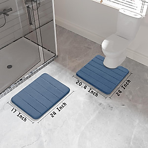 Yimobra Memory Foam Bath Mat Set, 2 Piece Soft Bathroom Rugs,17x24 and 24x20.4 U-Shaped Bathroom Rugs, Toilet Mat, Water Absorption, Non Slip, Thick, Dry Fast for Bathroom Floor Mat, Denim Blue