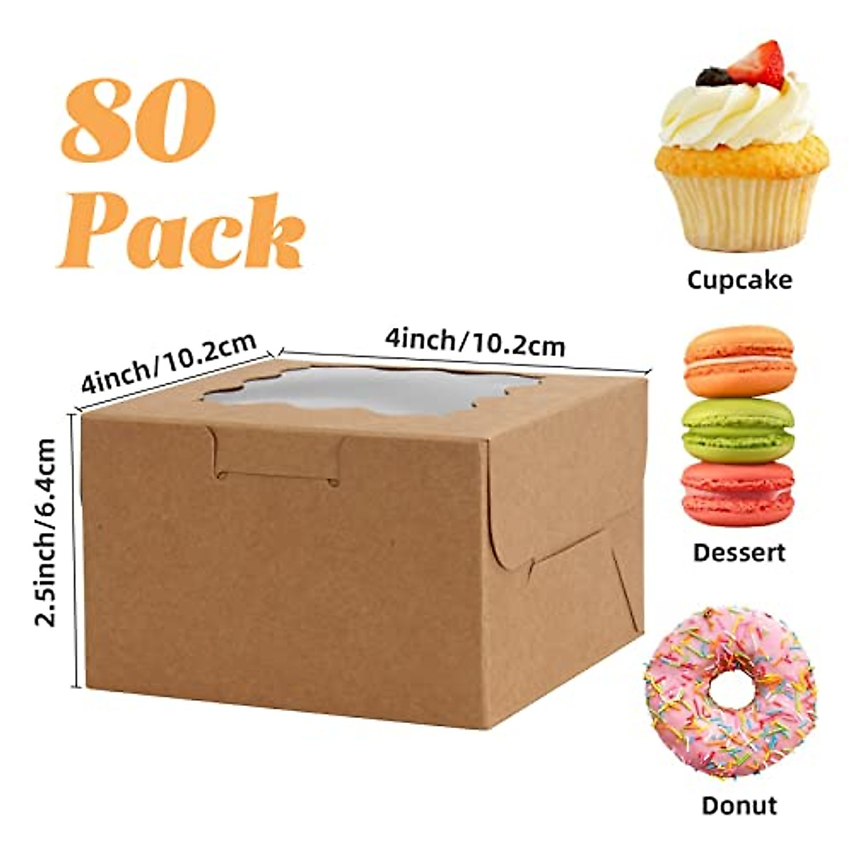 TAOUNOA 80 Pack Bakery Boxes with Window, Christmas Cookie Boxes 4x4x2.5 Inches Kraft Paper Mini Cake Boxes Holiday Cupcake Boxes for Gift Giving for Strawberries Cupcakes Pastry Dessert, Brown