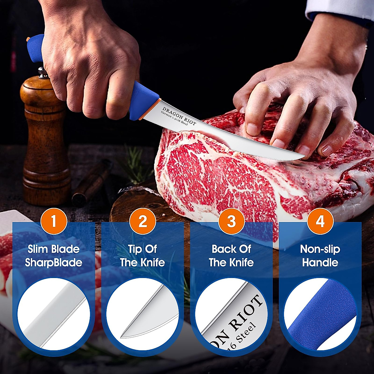 DRAGON RIOT 6 Inch Boning Knife, Flexible Curved Blade Processing Knife Brisket Meat Trimming Butcher Knife - Stainless Fish Fillet Turkey Carving Knife