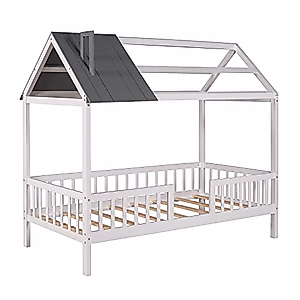 LostCat Twin Kids House Bed, Twin Size Bed House Wood Montessori House Bed Frame with Fence and Rails, House Bed Kids Montessori Beds Playhouse Tent Bed, Wood Platform Bed Frame, Grey