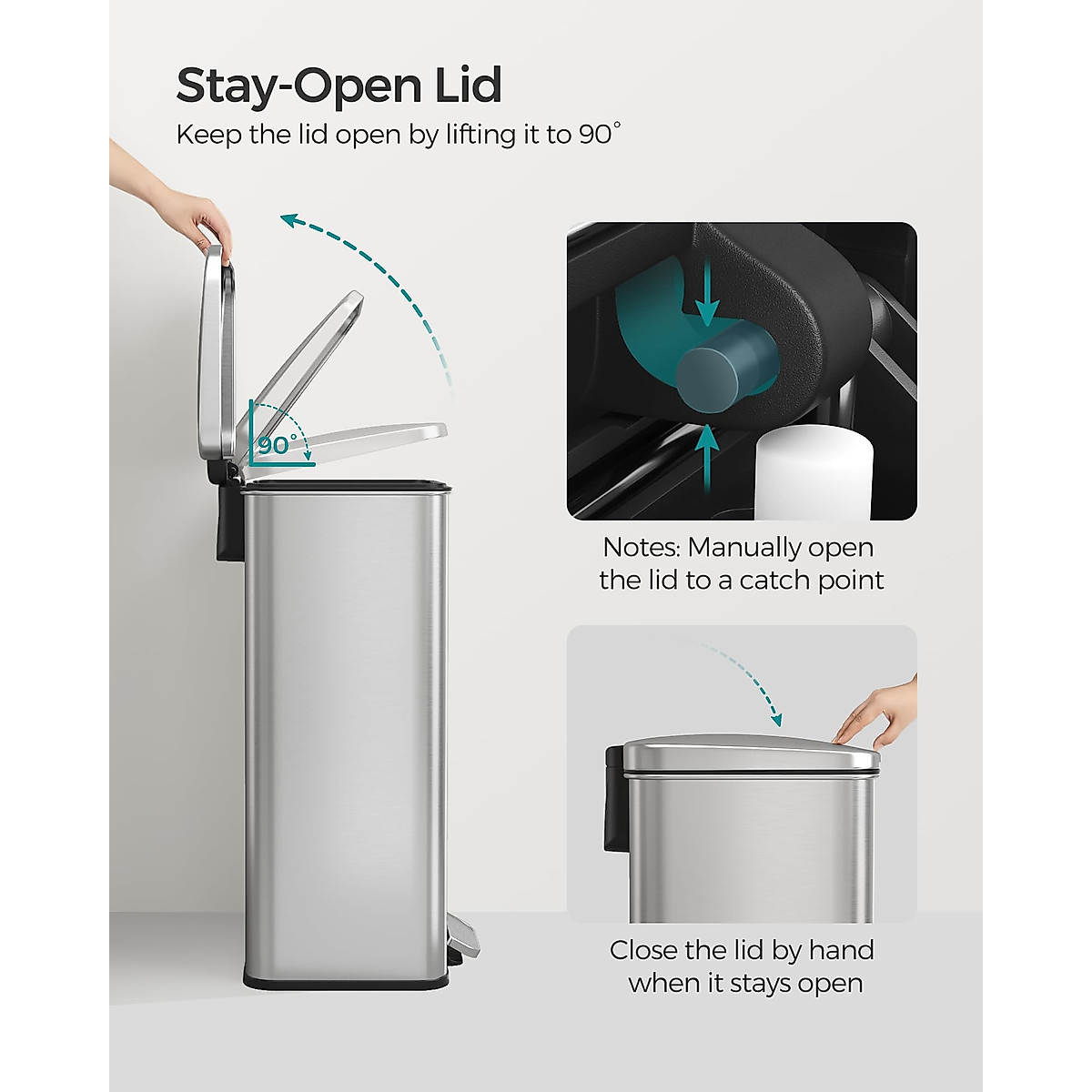 SONGMICS Kitchen Trash Can, 10.5 Gallon (40 L) Garbage Can, Large Step Trash Bin with Lid, Stainless Steel, Soft Close, 15 Trash Bags Included, Silver ULTB540E40