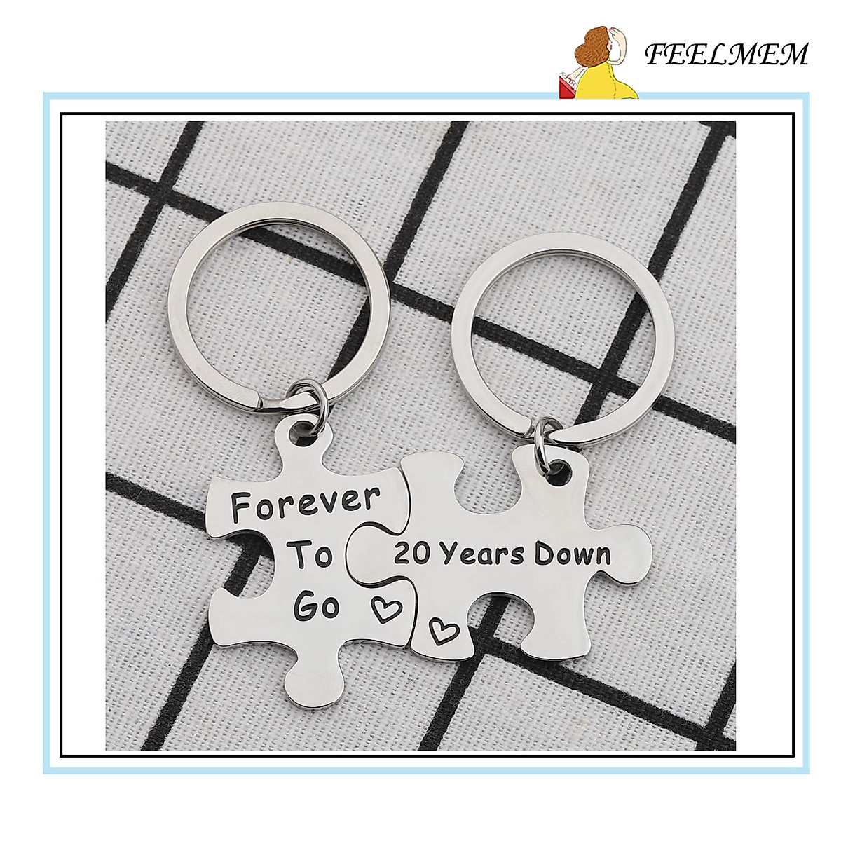 FEELMEM Couples Gifts 5th, 50th Years Down Forever to Go Puzzle Keychain Set of Two Wedding Anniversary Present (20th AV)