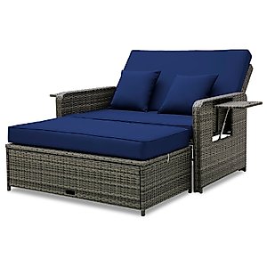 Tangkula Patio Rattan Daybed Set, Wicker Loveseat Sofa w/Multipurpose Ottoman & Retractable Side Tray, 4-Level Adjustable Backrest, Footstool w/Storage, Seat & Back Cushion Included