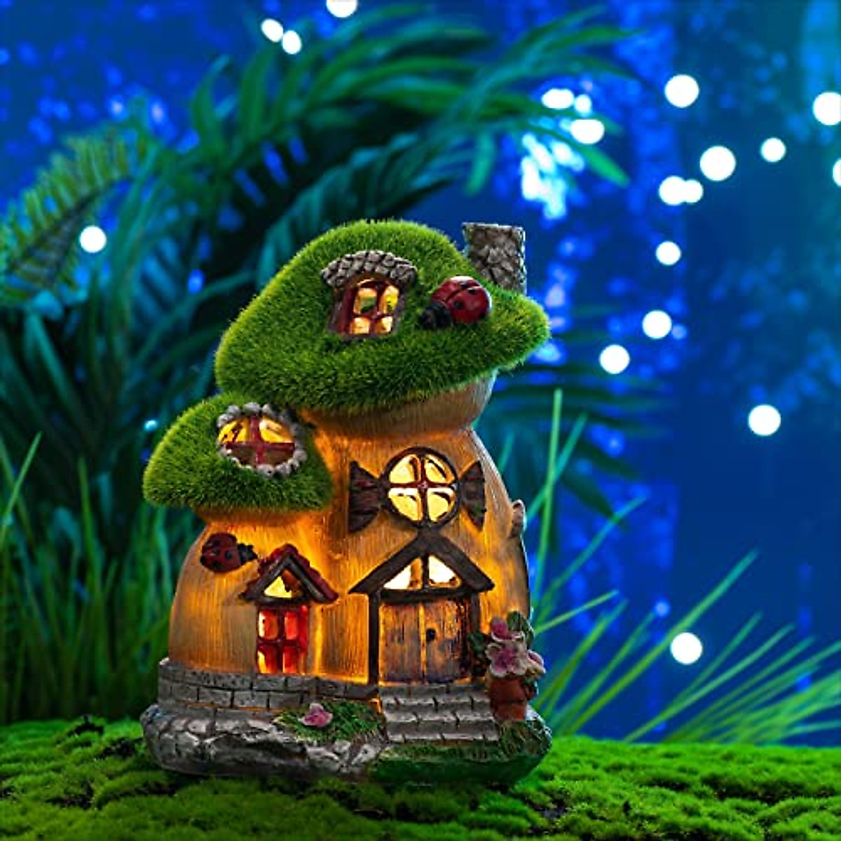 TERESA'S COLLECTIONS Mushroom Garden Statues with Outdoor Solar Light, Green Flocked Fall Decorations for Home, Resin Fairy House Accessories Outdoor Fall Decor Yard Lawn Ornaments Gifts for Mom 6.6“