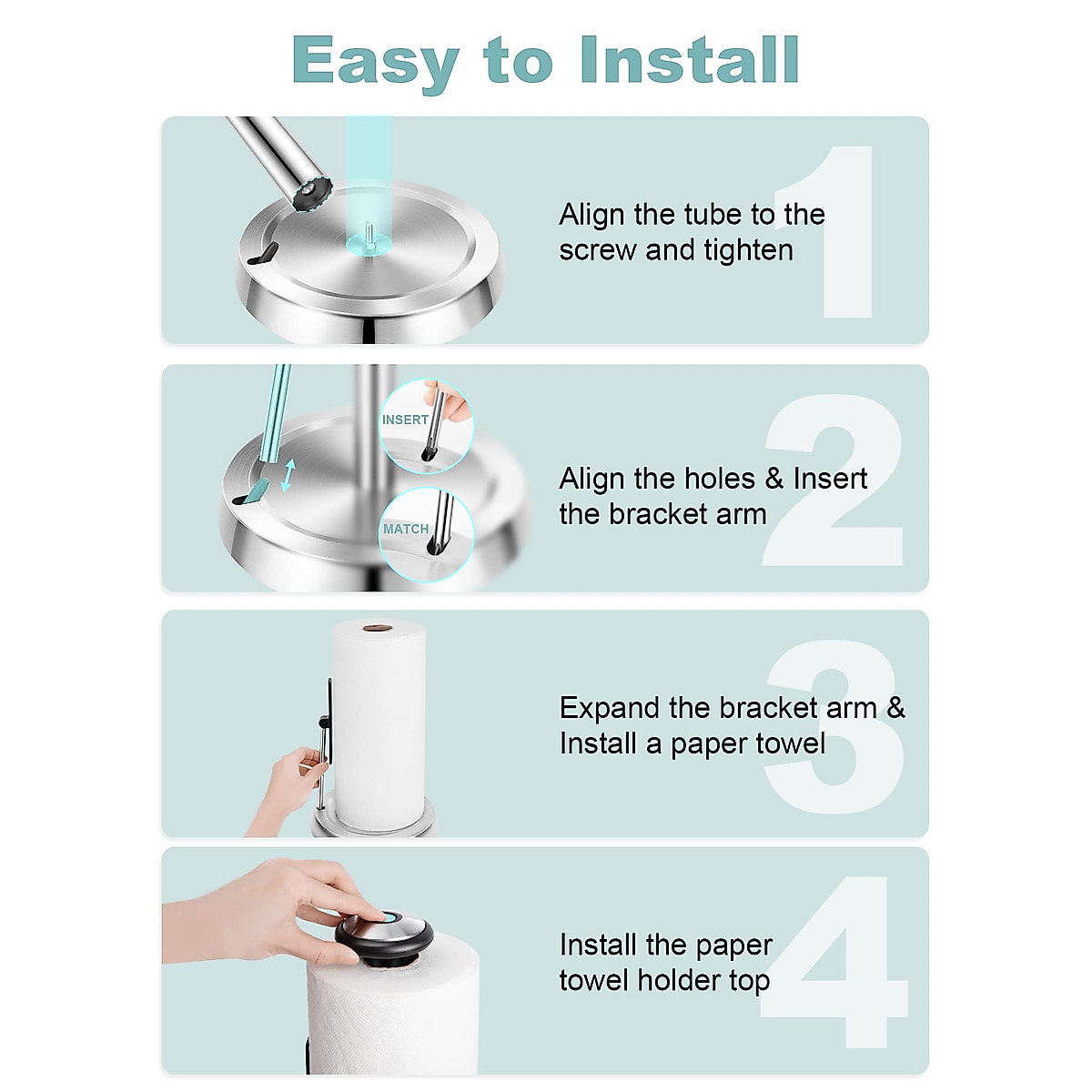 SMARTAKE Standing Paper Towel Holder, Rustproof Paper Towel Organizer with Tension Arm, Modern Toilet Paper Holder with Weighted Base, Roll Dispenser for Kitchen Countertop Home Dining Table, Silver