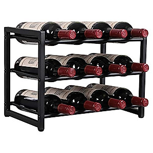 OROPY Wine Rack Freestanding Floor Counter, 3 Tier Display Storage Wine Rack for Countertop, 12 Bottles Wine Rack for Liquor Shelf (Metal Black)