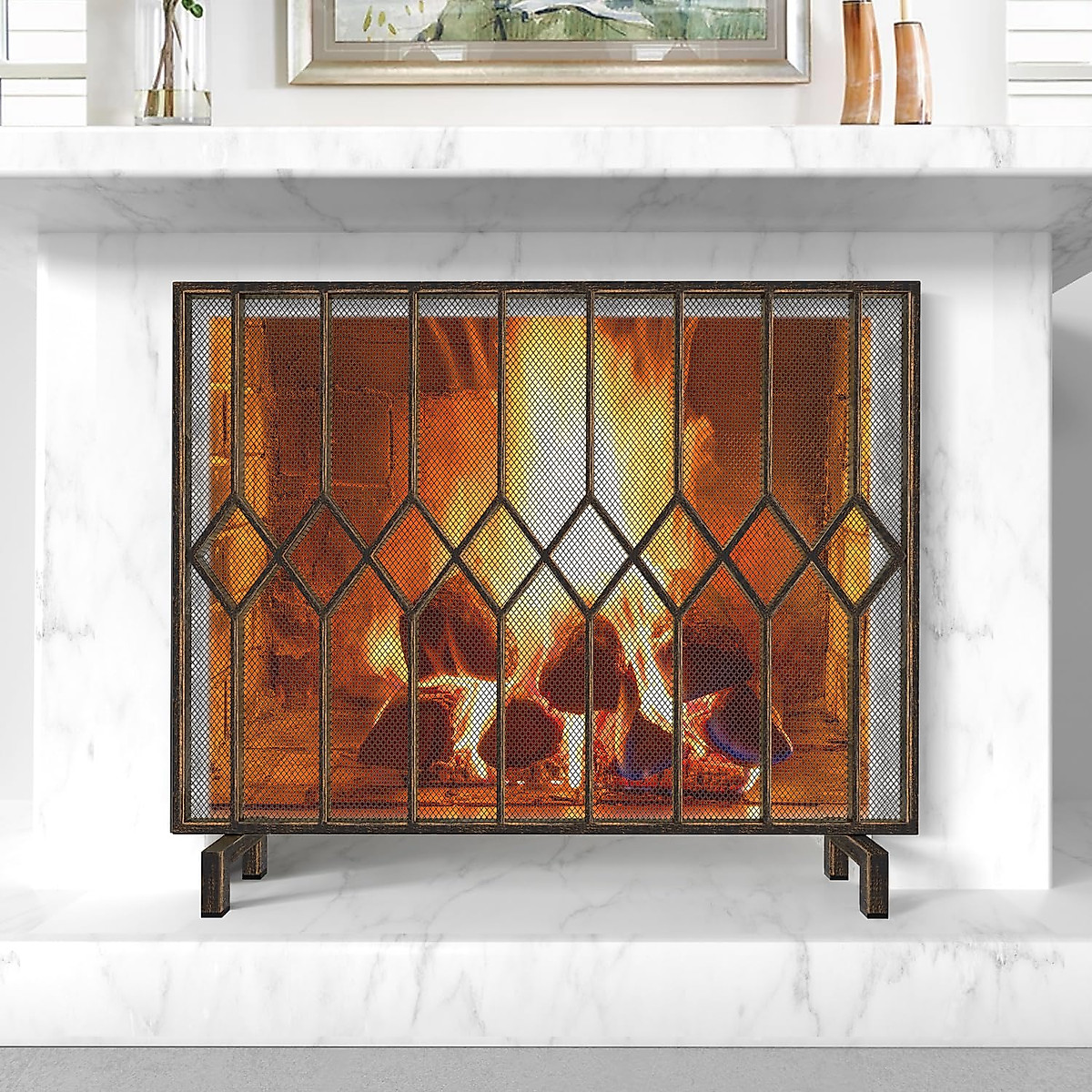 AMAGABELI GARDEN & HOME Decorative Fireplace Screen for Wood Burning Fireplace Stove Wrought Iron Flat Single Panel Stand Alone Cover, Fire Spark Guard Safety Mesh Modern Indoor Outdoor Brass Bronze