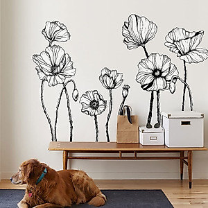 Creative Black Flowers Wall Stickers 3D Black Poppy Floral Wall Decals DIY Removable Large Black Vinyl Flower Plant Wall Art Decor for Teens Women Bedroom Living Room Nursery Office Decoration DT-1021