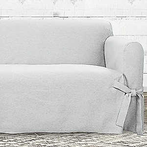 SureFit Farmhouse Basketweave Box Cushion One Piece Slipcover with Ties, Loveseat Cover, Relaxed Woven Fit, 100% Cotton, Machine Washable, Grey Color