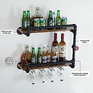 BOTAOYIYI Wine Rack Wall Mounted 2 Tier, Hanging Floating Small Mini Bar Liquor Shelves with Glass Holder Storage Under, Industrial Rustic Pipe Farmhouse Kitchen Decor Black(23.6x10.6x19.7)