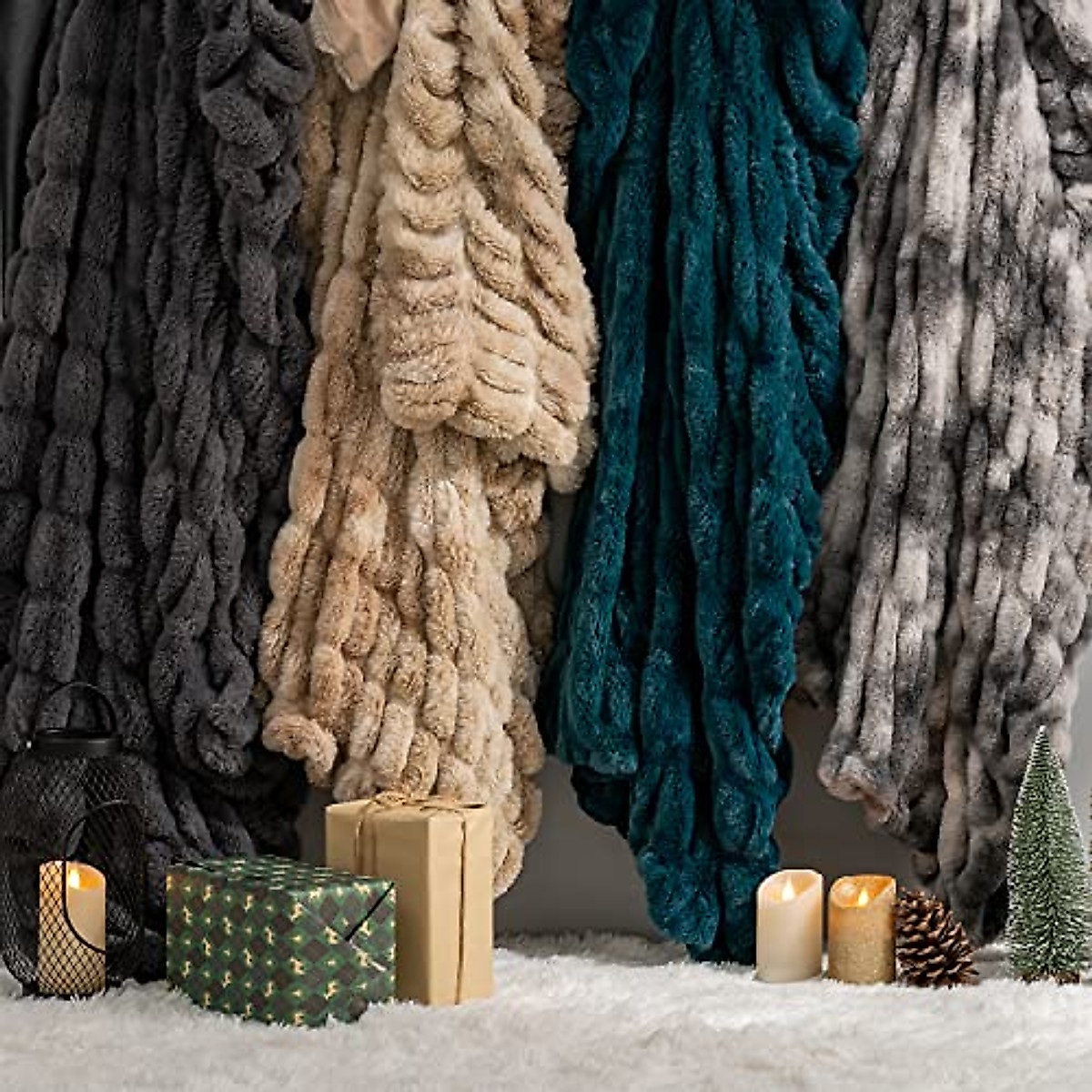 RECYCO Soft Rabbit Faux Fur Throw Blanket, Luxurious Ruched Blanket for Christmas Holiday, Couch, Bed, Living Room, Sofa. Fuzzy, Warm Throw Blanket with Reversible Mink Velvet, Marbled Grey, 60"x80"