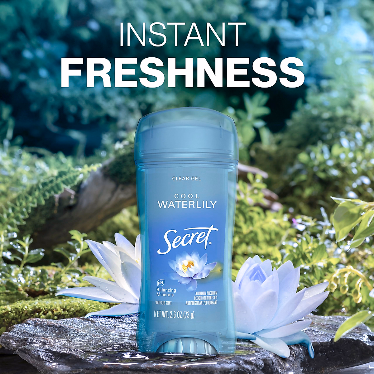 Secret Fresh Antiperspirant Deodorant for Women, 72hr Breathable Sweat & Odor Protection, Instant Freshness & Gentle, PH Balancing Minerals, Clear Gel, Cool Waterlily Scent, 2.6 oz (Pack of 3)