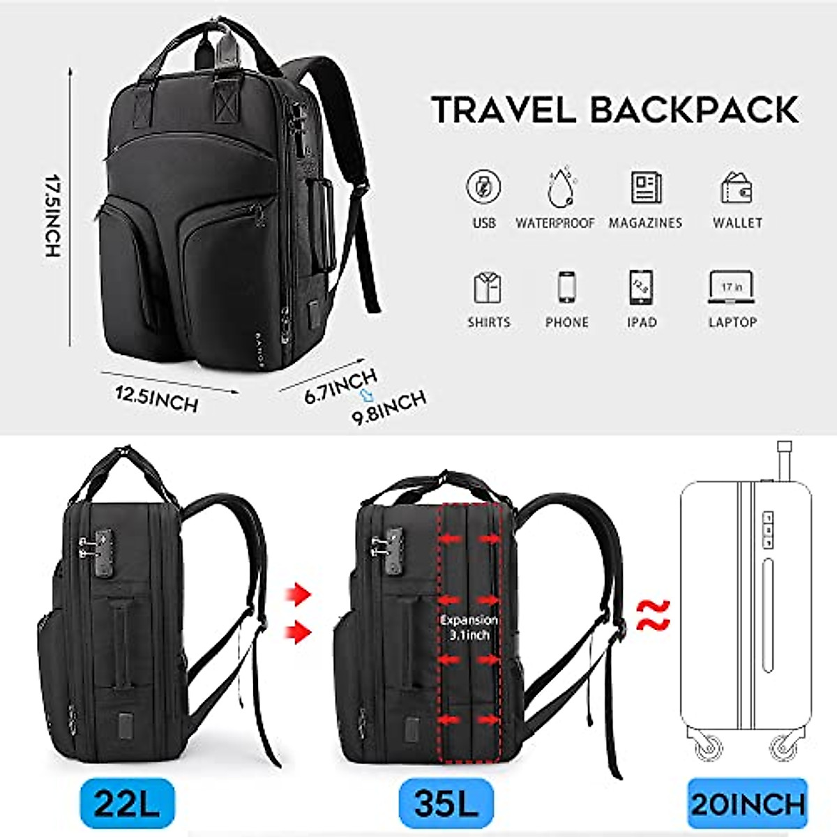 BANGE Travel Backpack for Women,35L Expandable Large Casual Daypacks Carry on Backpack Flight Approved for Woman, TSA Anti Theft 17.3inch Laptop Backpack for Work