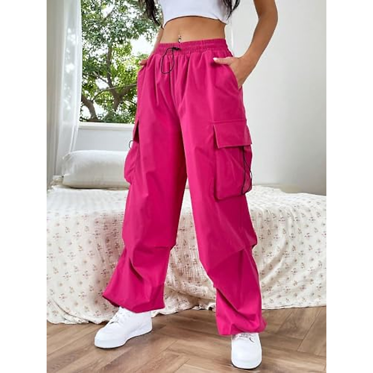 SweatyRocks Women's Drawstring Elastic Waist Loose Pants Casual Flap Pocket Cargo Pants Trousers Hot Pink M
