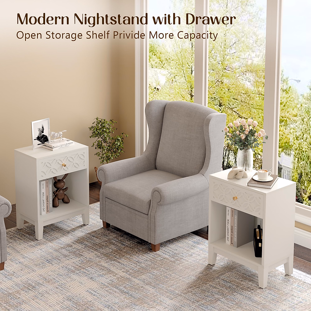E-SHANHOMY White Nightstand Drawers Modern Side Table for Bedroom,Night Stand End Table with Storage Shelf,Night Tables Wood Nightstand Table Bedroom, 24" H