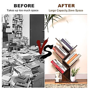 HXXUYY 4 Tier Tree Bookshelf Free Standing Bookcase Rust Brown Storage Book Self for Books,Albums,CDs,Magazines, Wooden Morden Book Storage Rack Display for Office/Livingroom/Bedroom