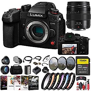 Panasonic Lumix GH6 Mirrorless Camera (DC-GH6BODY) + Panasonic 12-35mm Lens + Sony 64GB Tough SD Card + Color Filter Kit + Filter Kit + Wide Angle Lens + Telephoto Lens + Lens Hood + More