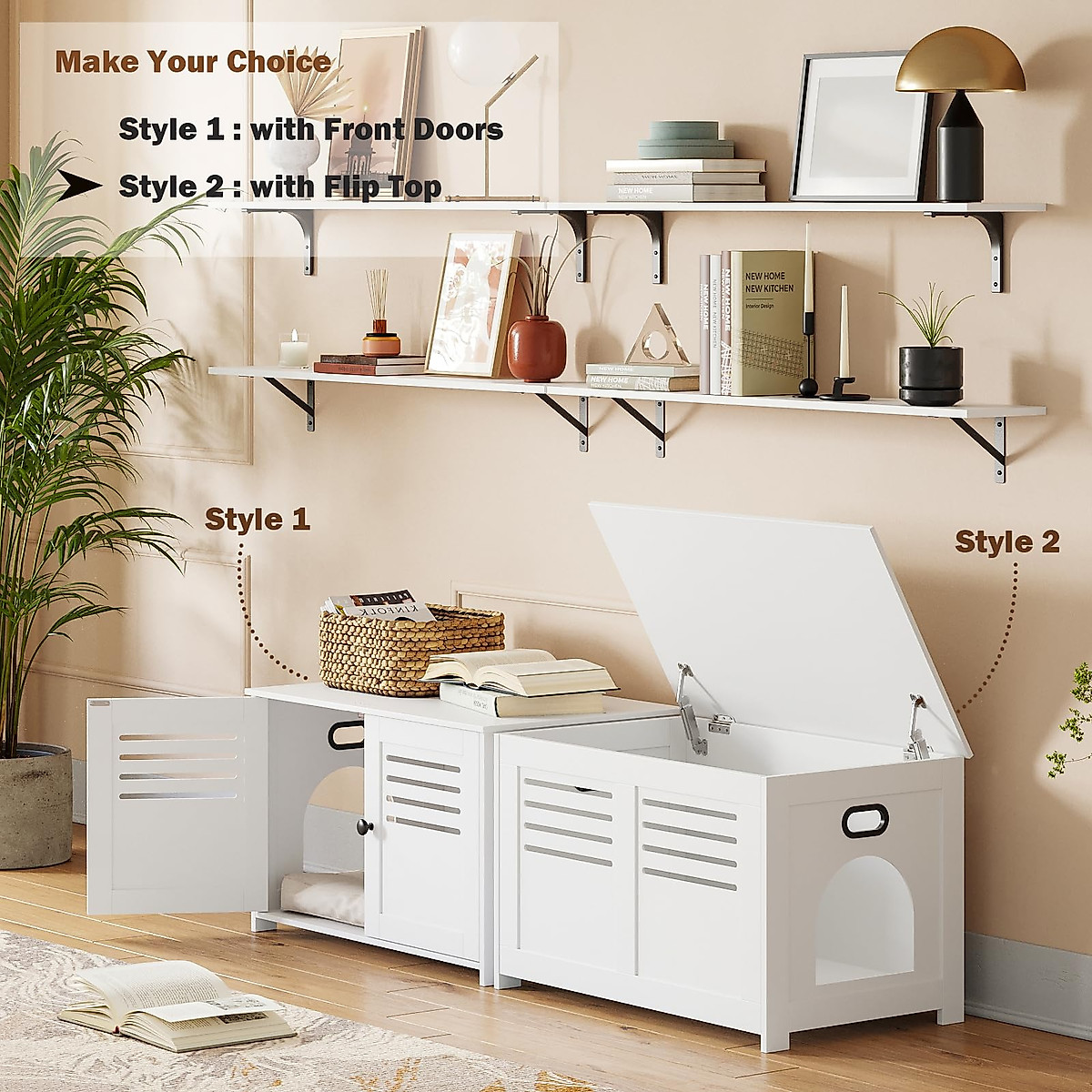 DINZI LVJ Hidden Cat Litter Box Enclosure, Flip Top Cat Washroom Furniture, Good Ventilation, Entrance Can Be on The Left or Right, Enclosed Cat Litter House Side Table for Most of Litter Box, White