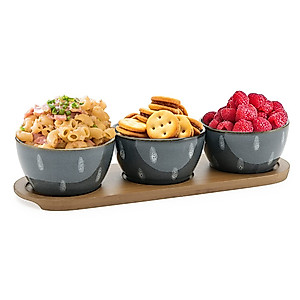 American Atelier 3 Stoneware Snack Bowls with Bamboo Serving Tray | 4-Piece Snack Serving Set | Small Serving Bowl for Candy, Nuts, Salsa, and Appetizers | Chips and Dips Snack Tray for Party