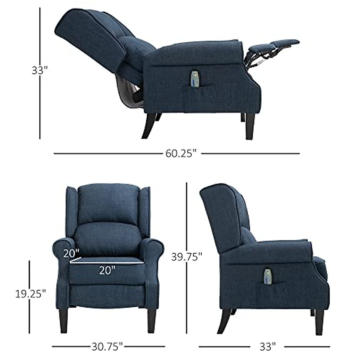 HOMCOM Vibrating Massage Recliner Chair for Living Room, Reclining Wingback Single Sofa with Heat, Linen Fabric Push Back Accent Chair with Footrest, Side Pocket, Dark Blue