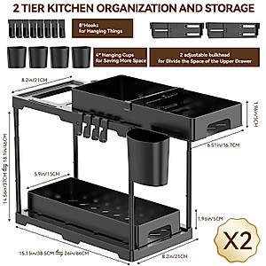 GAOLINE 2 Pack 2 Tier Under Sink Organizers and Storage,Under Bathroom Cabinet Organizer with Hooks Hanging Cup, Double Sliding Drawers Cabinet Basket Organizer for Bathroom, Up to 14.5 inches High