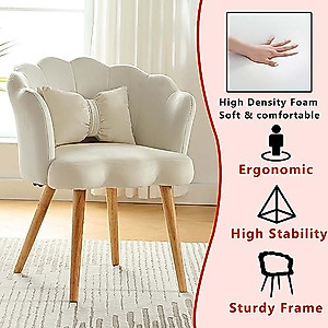 Shell Shaped Living Room Accent Chairs,Modern Velvet Bedroom Chair,Upholstered Armchair,Comfy Reading Chair for Adults,Teens,Bow Tie Pillow,Solid Wood Legs (Beige)