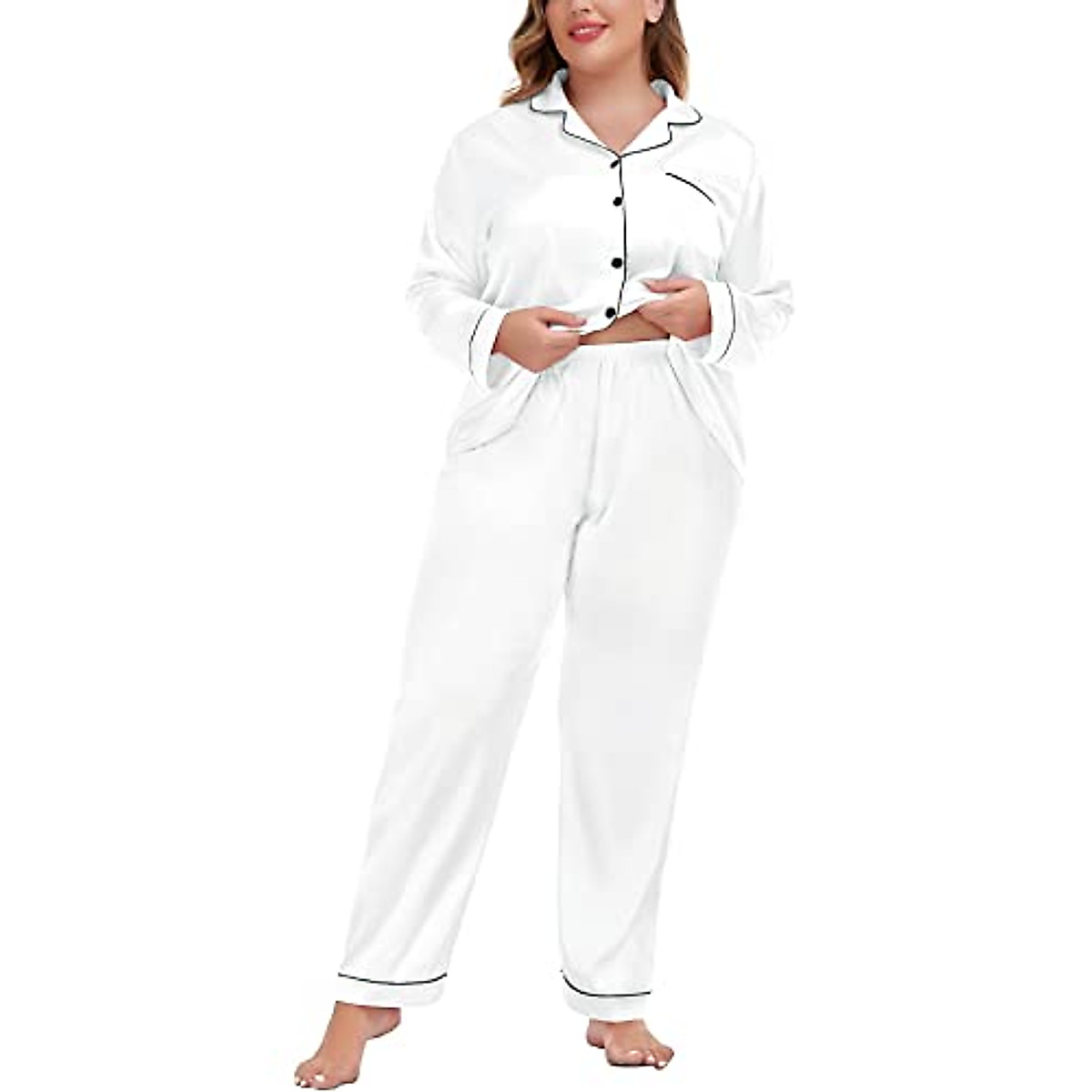 SWOMOG White Pajama Set for Plus Size Women Silk Satin Pajamas Long Sleeve Pjs Button-Down Pj Set Soft Sleepwear Set 22W