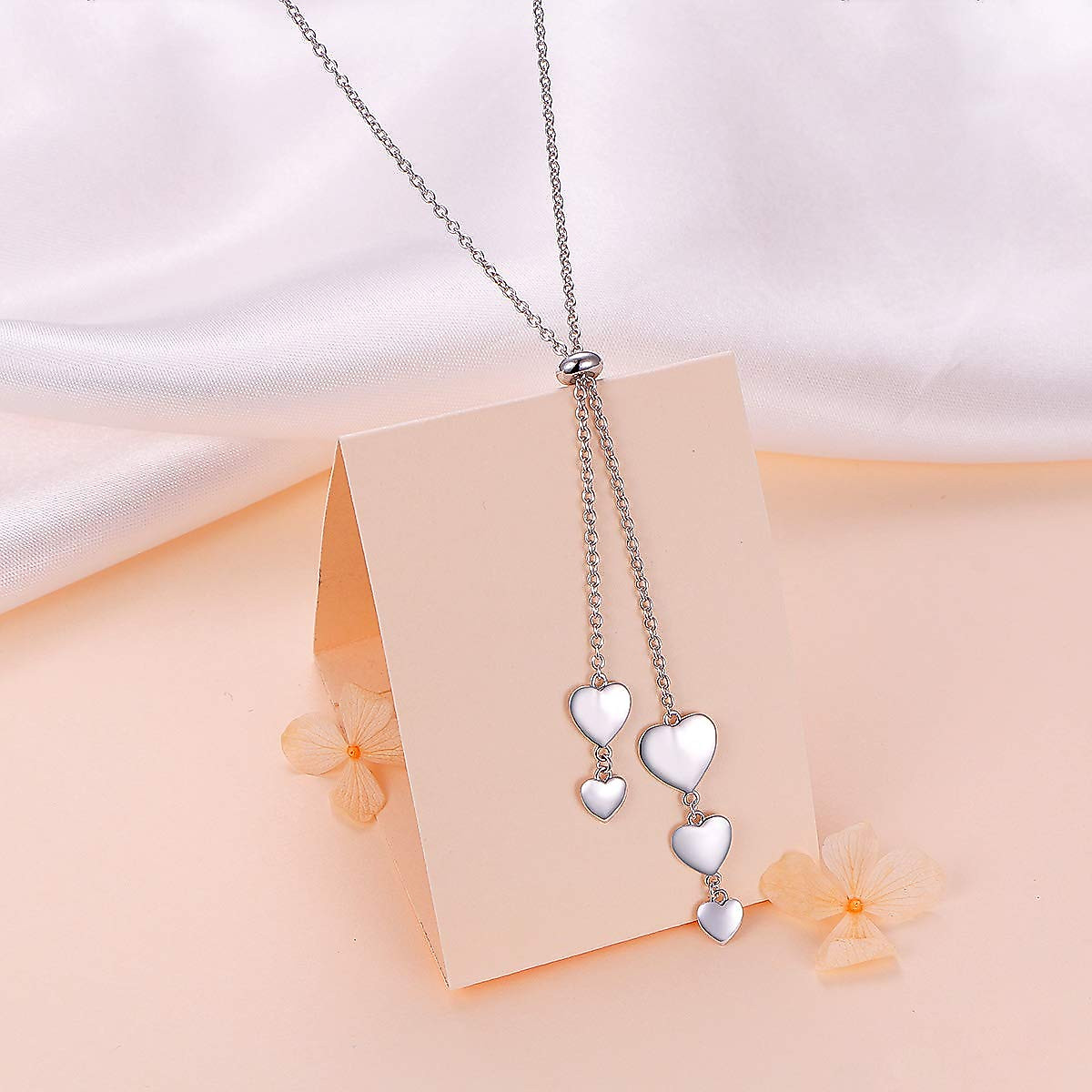 YinShan Long Chain Dainty Necklace Simple Style 925 Sterling Silver Pendant Adjustable Y Shaped Back Necklace Jewelry (multiple heart)
