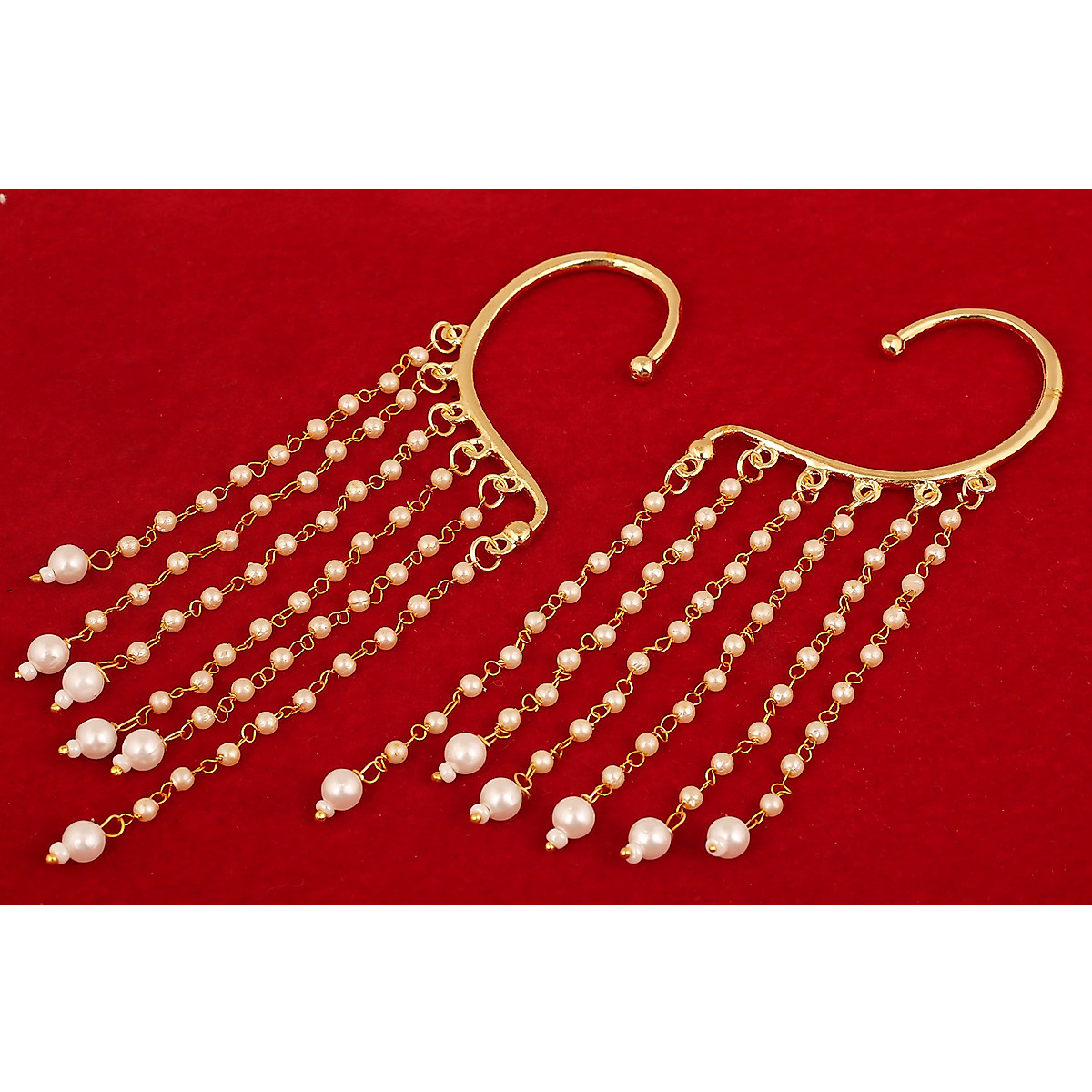 Touchstone Indian bollywood innovative ear shape lucrative look faux pearls hangings long bridal chandelier designer jewelry earrings for women in gold tone.