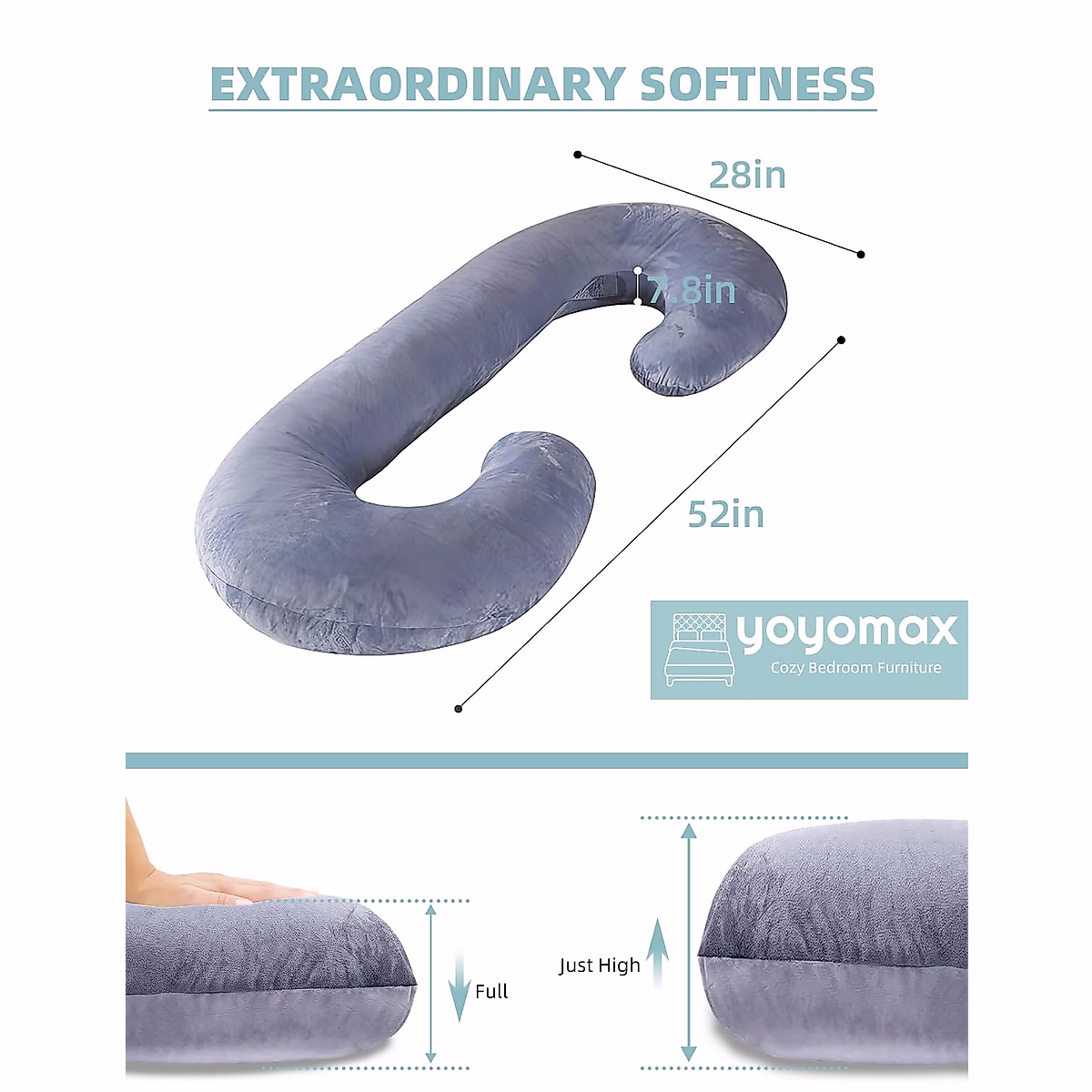 TINKLE WELL C-Shaped Pregnancy Pillows, Memory Foam Pregnancy Pillow Full Body Maternity Pillow with Removable Cover, 52 Inch Pregnancy Pillows for Sleeping (Grey)