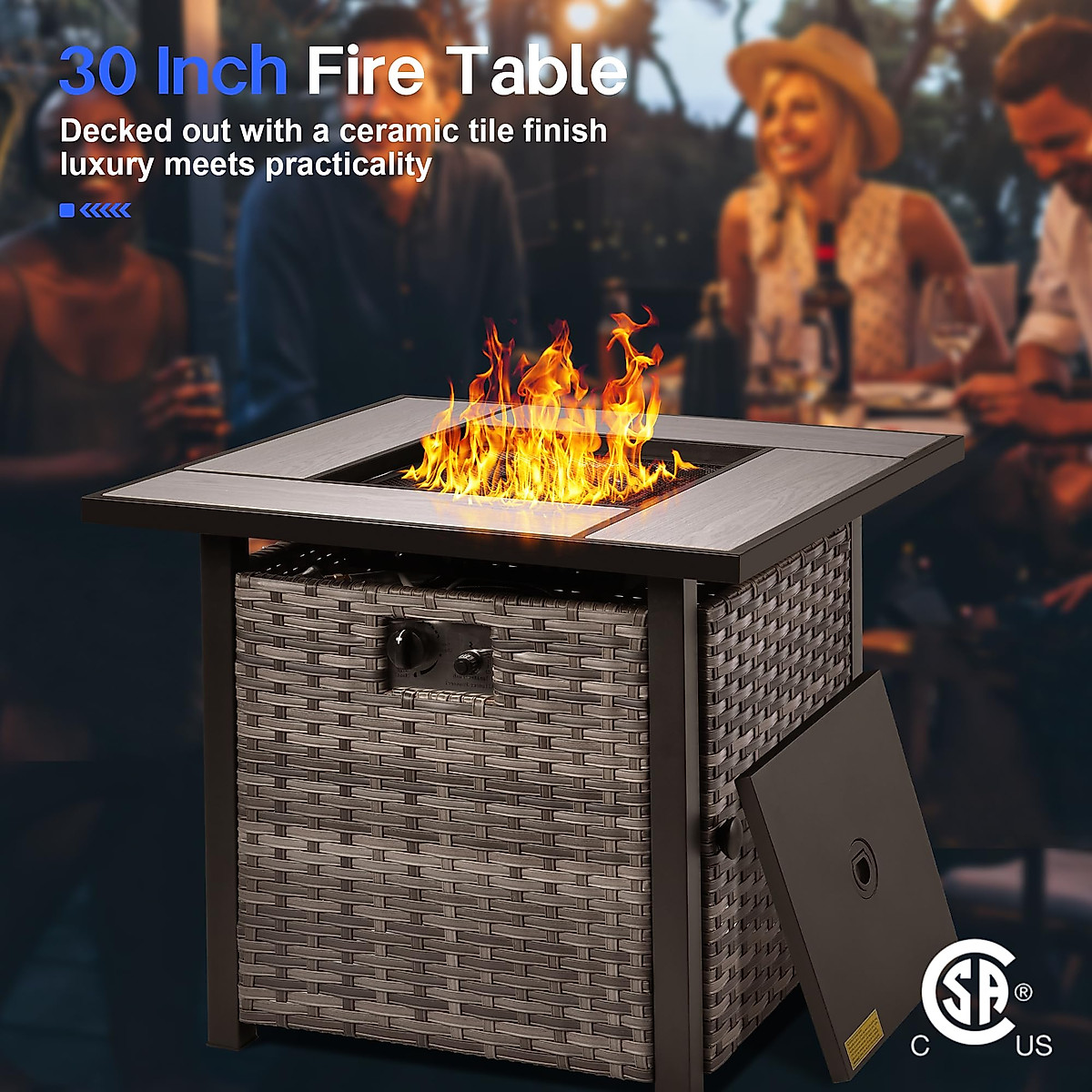 XIZZI Patio Furniture Sets Outdoor Swivel Rocking Chairs with 50,000 BTU Propane Fire Pit Table 7 Pieces All Weather PE Wicker Conversation Sofa and Matching Side Table,Grey Wicker Denim Blue