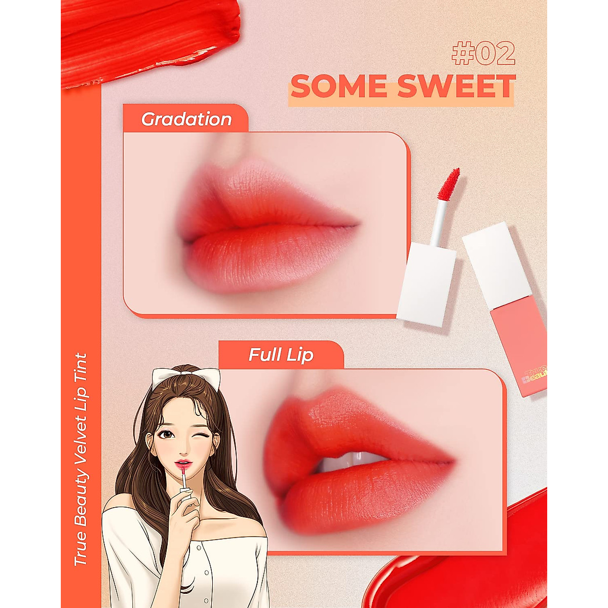 AMTS Webtoon True Beauty - 02 Some Sweet | Coral Lip Tint Stain | High Pigment Liquid Shine Non-Sticky Long-Wearing Long-Lasting | Korean Webtoon True Beauty Cute Coral Makeup