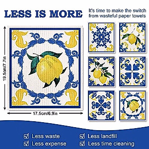 AnyDesign 6 Pack Lemon Swedish Dishcloth Blue White Tiles Lemon Kitchen Dish Towel Reusable Washable Cotton Kitchen Towel for Counter Cleaning Baking Cooking, 7 x 8 Inch