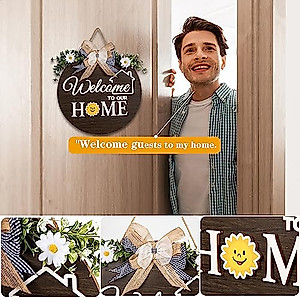 Interchangeable Welcome Sign Front Door Decoration,containing 14 signs. Family Porch Suspension Welcomes Round Wood Decoration. Welcome Sign diameter 12.6 Inch (Black)