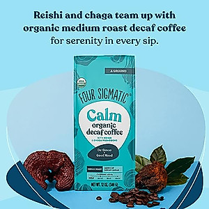 Four Sigmatic Calm Organic Decaf Ground Coffee | Swiss Water Decaf Coffee Ground | Decaffeinated Coffee with Chaga & Reishi Mushroom Extracts | Decaf Coffee for Stress Relief | 12oz Bag