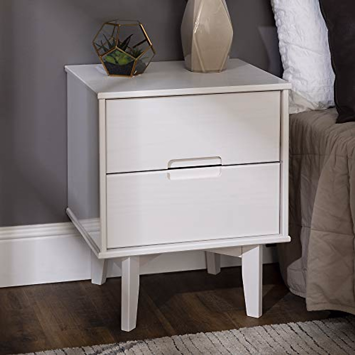 Walker Edison Furniture AZR2DSLNSWH Solid Wood 2-Drawer Groove Handle End Side Table Nightstand with Storage, 24" H, White