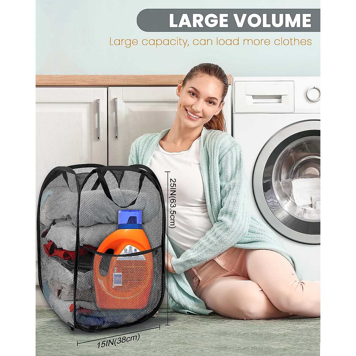 2 Pack Upgraded Heavy Duty Large Mesh Collapsible Laundry Basket with Pocket and Carry Handles, Foldable Dirty Clothes Pop up Laundry Hamper for Dorm Bathroom Bedroom Travel Camping
