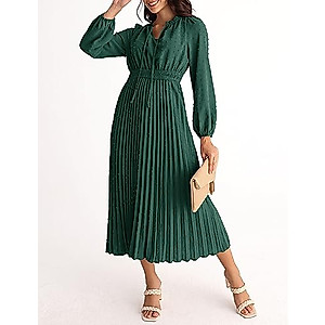 MEROKEETY Womens Elegant Long Lantern Sleeve V Neck Swiss Dot Ruffle Flowy Wedding Guest Dress,DarkGreen,M