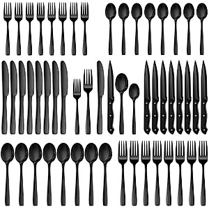 48 Pieces Black Silverware Set, Black Flatware Set with Steak Knives, Food-Grade Stainless Steel Cutlery Set for 8, Tableware Eating Utensils, Dishwasher Safe