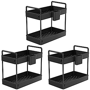 SOLEJAZZ Under Sink Organizer and Storage, 2 Tier Under Cabinet Basket Organizer, Multi-purpose Under Sink Storage Shelf for Bathroom Kitchen, Cabinet Storage with Hooks and Hanging Cups, Black,3 Pack