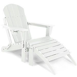 ABCPATIO Folding Adirondack Chair with Footrest - Outdoor Weather Resistant Plastic Adirondack Chairs with Detachable Ottoman, Stackable Seating with Cup Holder for Patio (Seat Width 21.6",White)