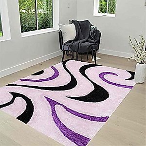 HR HANDCRAFT RUGS shag Rug, 3-D Hand Carved Shaggy Lilac/Purple/Black