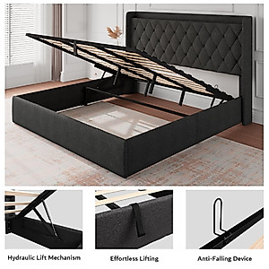 iPormis King Size Lift Up Storage Bed Frame with Charging Station, Upholstered Platform Bed Frame with Tufted Headboard, Hydraulic Storage, No Box Spring Needed, Noise-Free, Easy Assembly, Dark Grey
