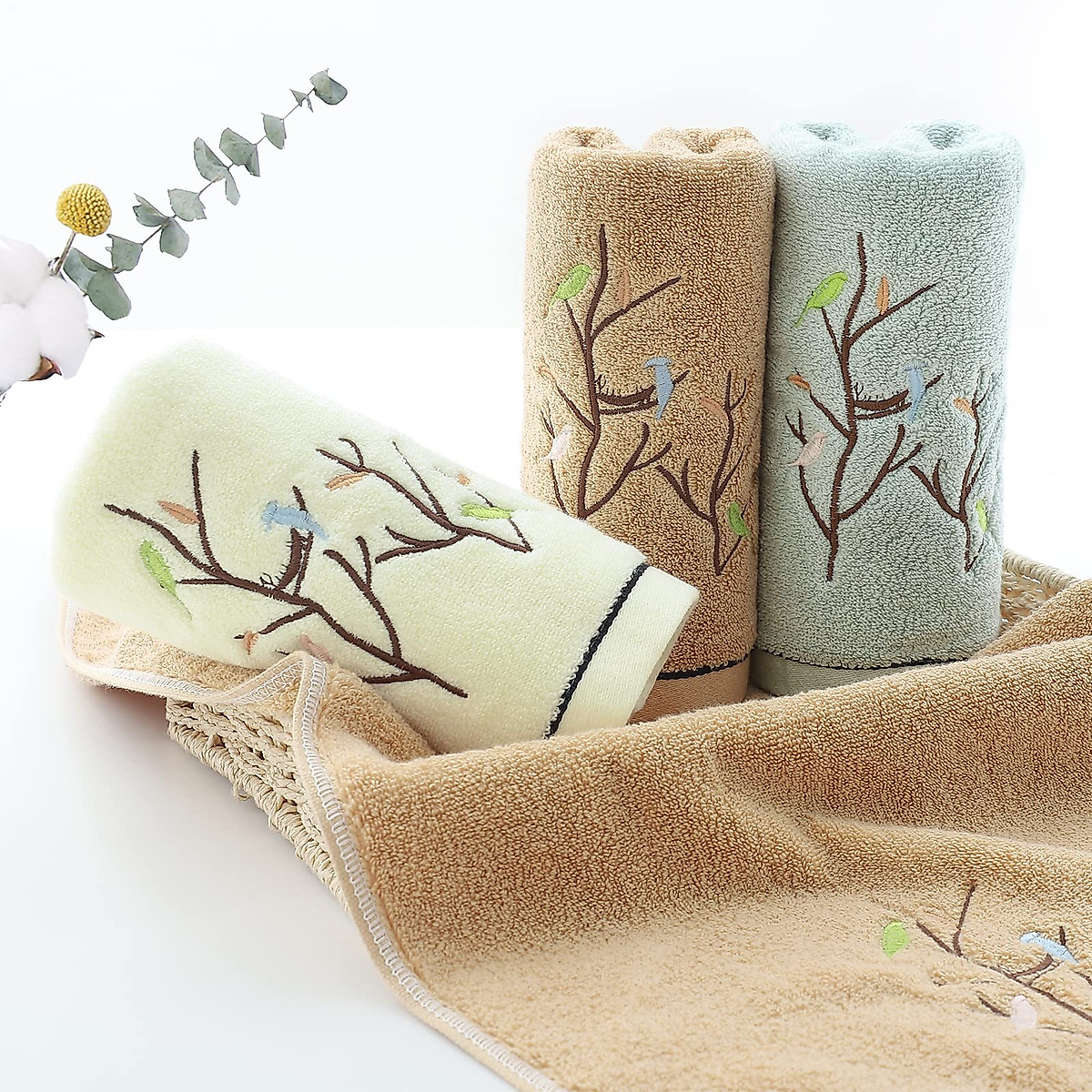 Pidada Hand Towels Set of 2 Embroidered Bird Tree Pattern 100% Cotton Absorbent Soft Decorative Towel for Bathroom (Brown)