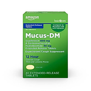 Amazon Basic Care Mucus DM Guaifenesin and Dextromethorphan Hydrobromide Extended-Release Tablets, 600 mg/30 mg, Expectorant and Cough Suppressant, 40 Count