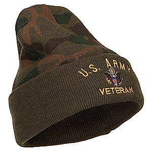 e4Hats.com US Army Veteran Military Embroidered Camo Knit Long Beanie - Green OSFM