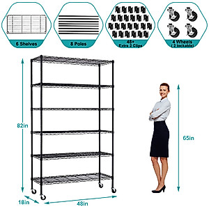 6 Tier Wire Shelving Unit Rack, NSF Heavy Duty Height Adjustable Storage Shelf Metal Shelving with Wheels/Feet Levelers for Garage Rack Kitchen Rack Office Rack Commercial Shelving - 18"x48"x82" Black